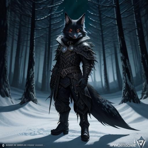 Anthropomorphic, undead, cute, adorable, black-fox with glowing eyes ...