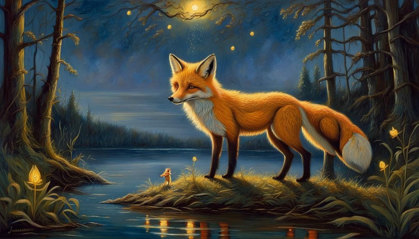 The old firefly saw the little cute fluffy golden fox stood by the edge ...