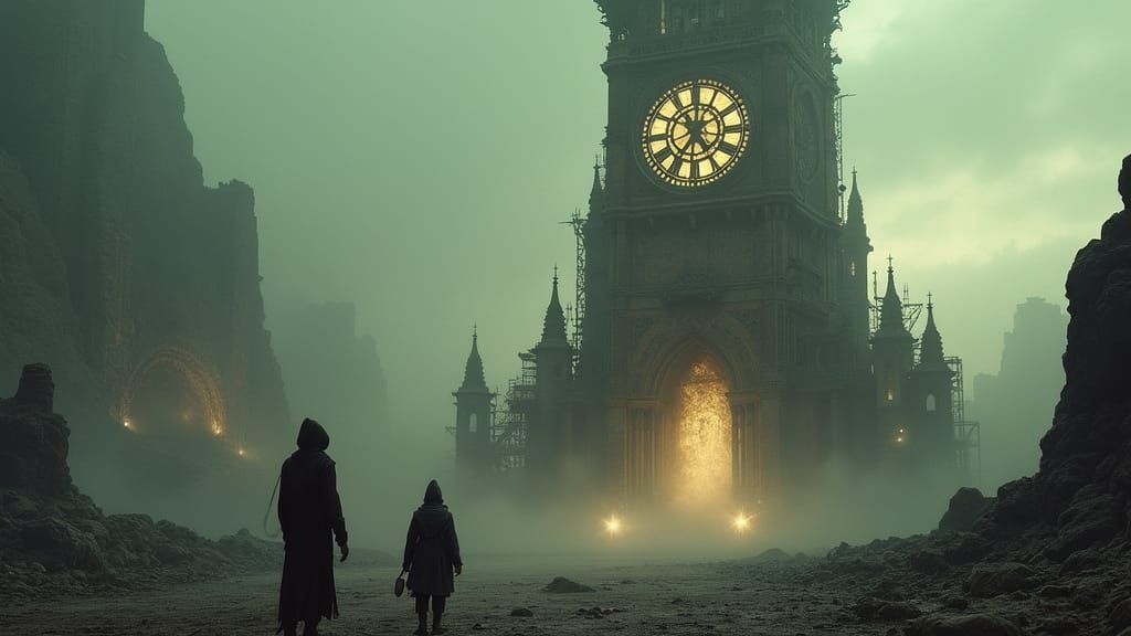 Majestic Dystopian Clock Tower in a Wasteland, Ill... - AI Art