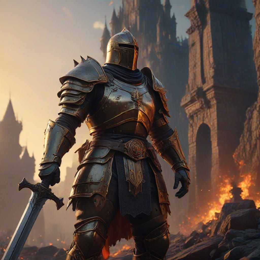 Knight Battles Demons in a Volcanic Inferno - AI Art