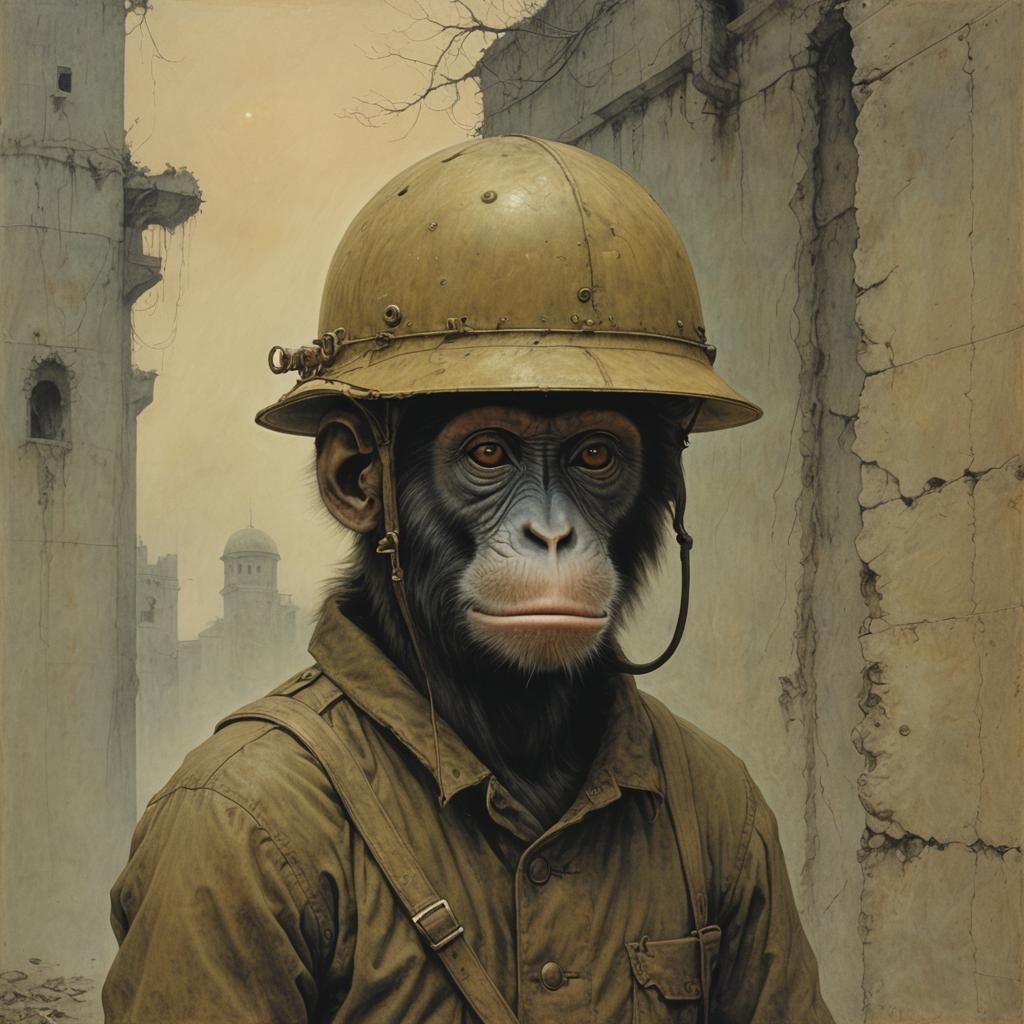 Monkey in Pith Helmet, Surrealist Landscape - AI Art