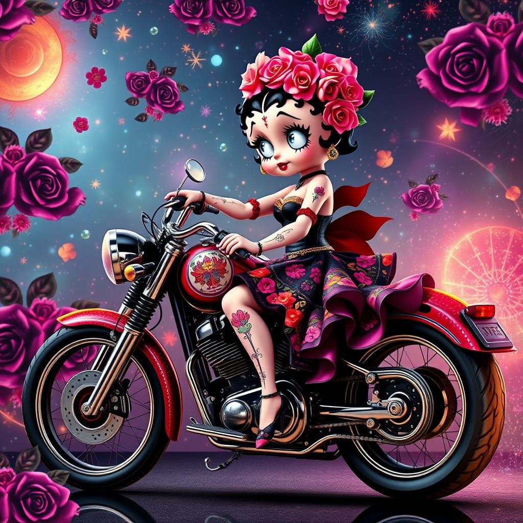 Vibrant Dia de los Muertos Betty Boop on a Motorcy... - AI Art