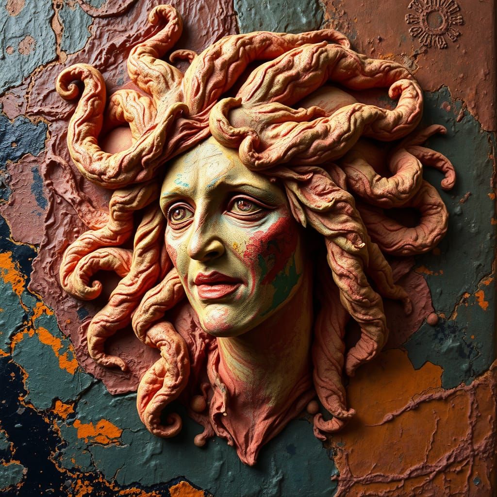 Hand-painted plaster background, vibrant embossed relief of a petrified ...