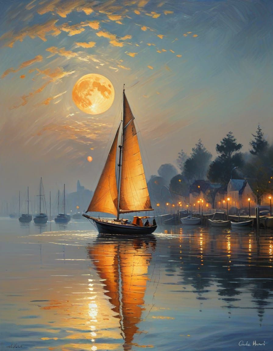 Sailing harbor, giant full moon - Sailing harbor, giant ful...