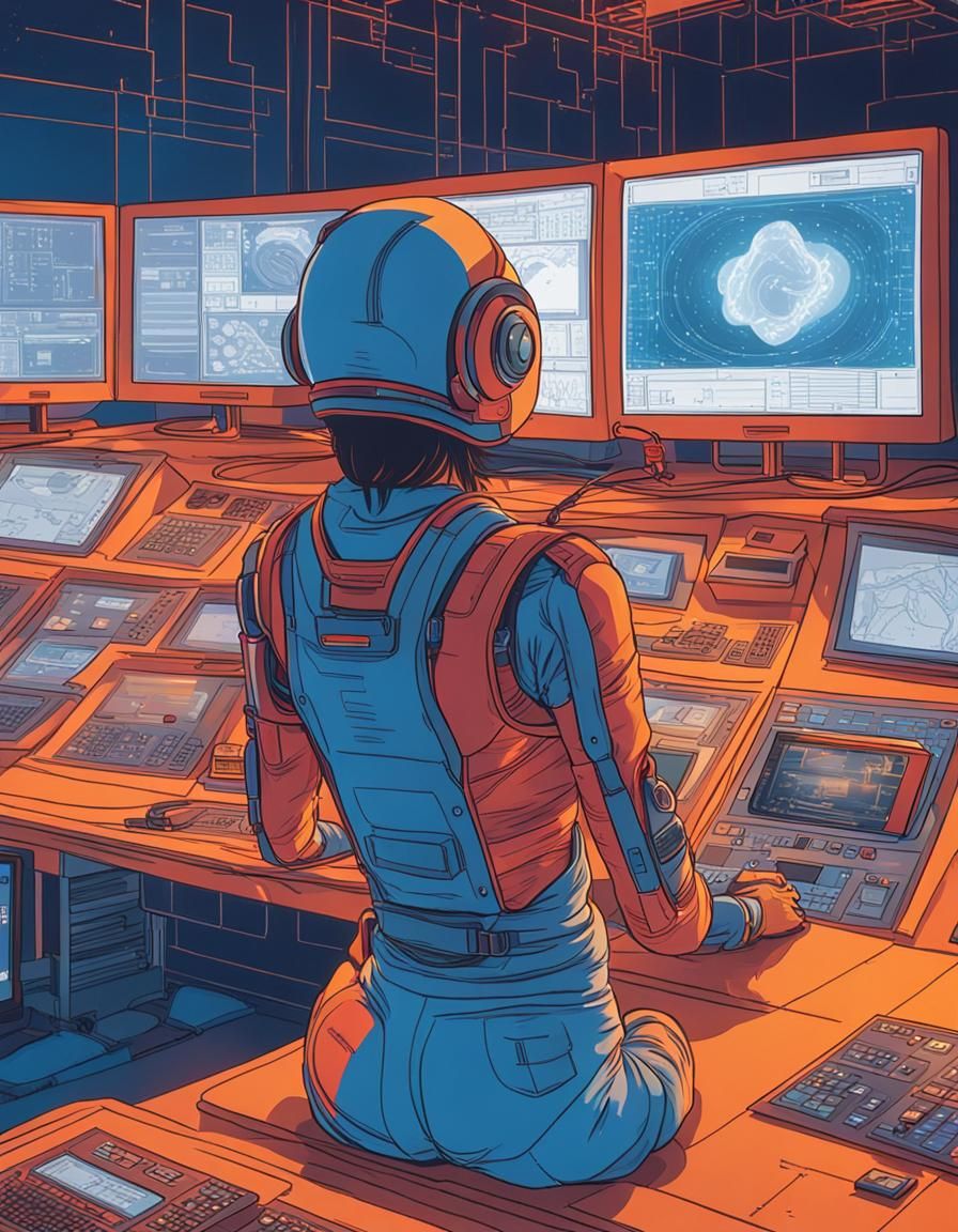 Girl in a skintight bodysuit watches CRT screen in a lab, view from ...