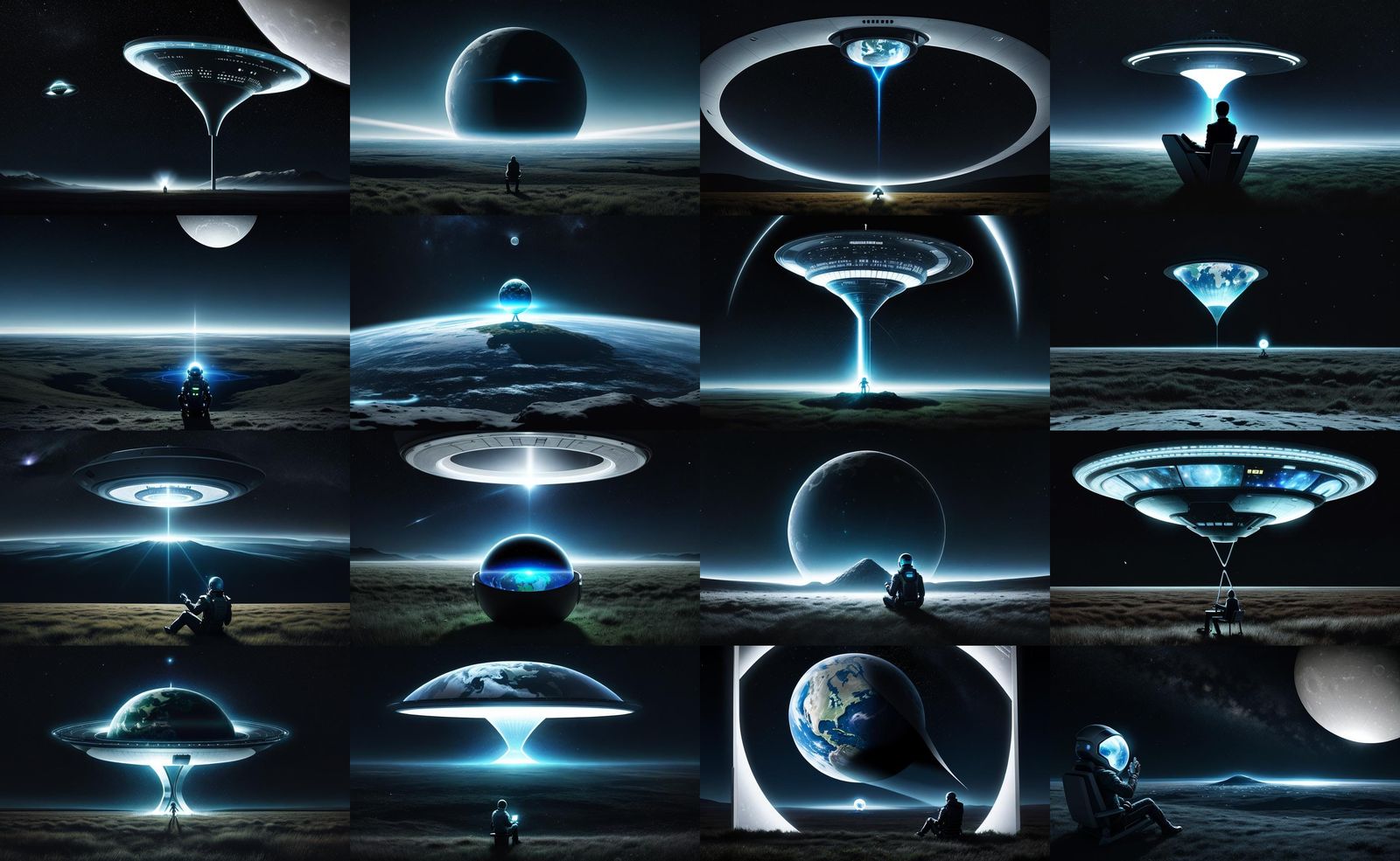 A sleek, silver UFO hovers above a moonlit field. Inside, an ALIEN ...