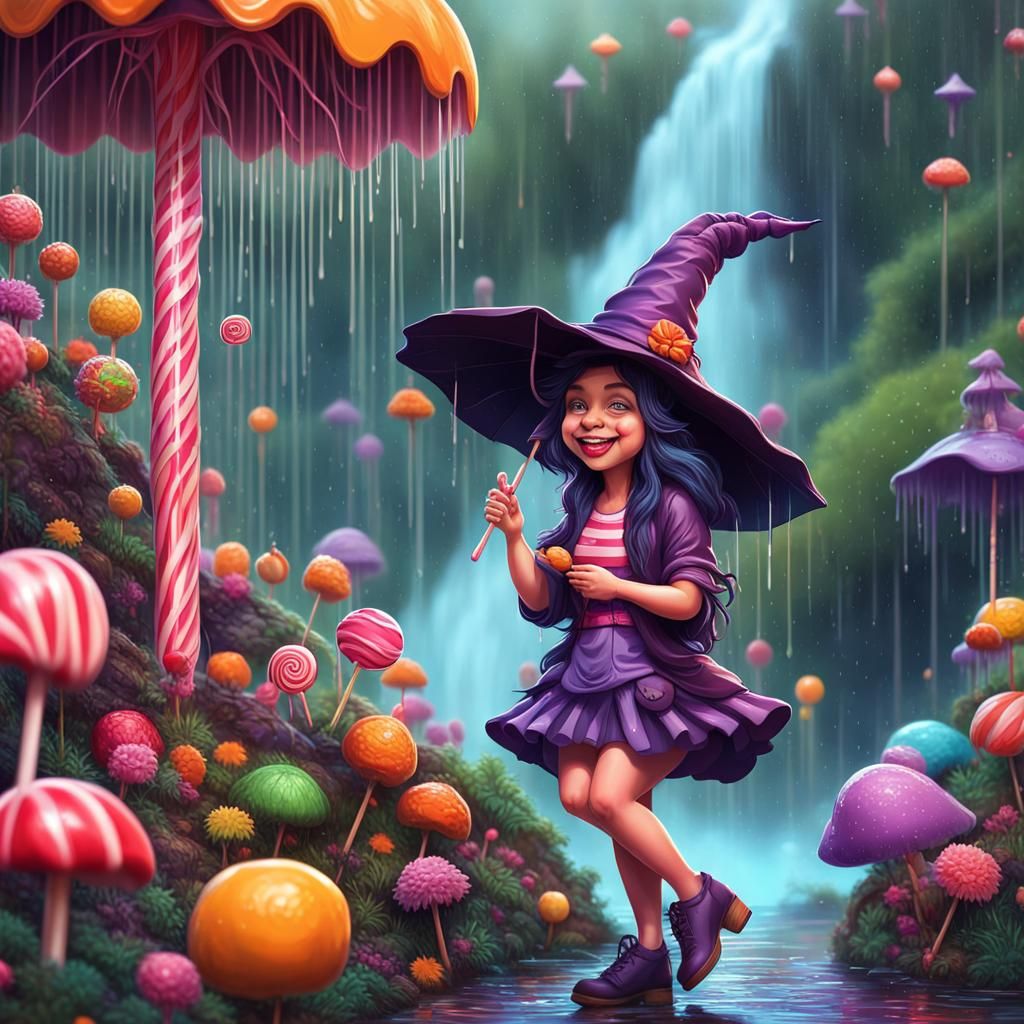 A Very Detailed Stunningly Beautiful Happy Witch, Holding An Umbrella ...