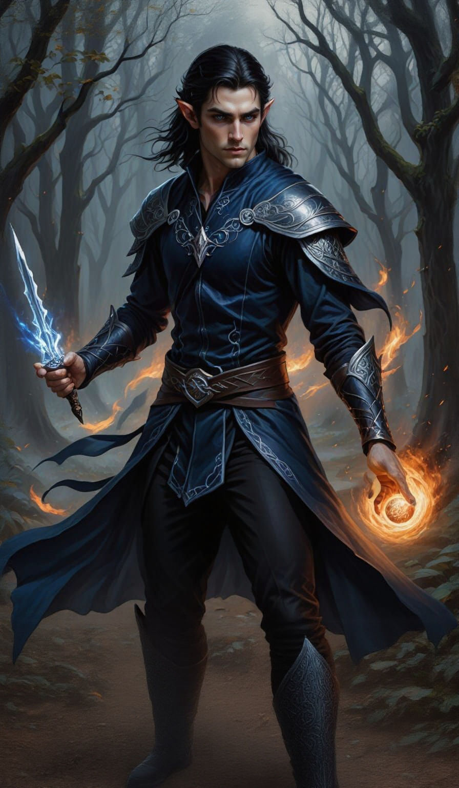 Handsome Elf Warrior with Magic Fireball, Digital ... - AI Art