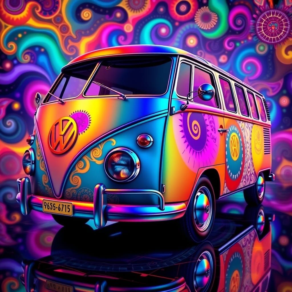 Psychedelic Volkswagen Van in Vibrant Fractal Patt... - AI Art
