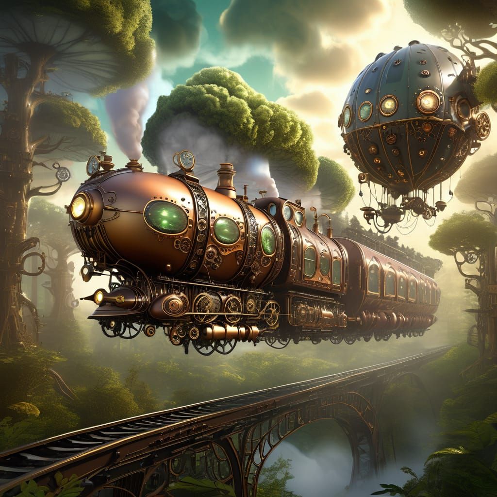 Steampunk Train Through Mystical Forest: Digital A... - AI Art