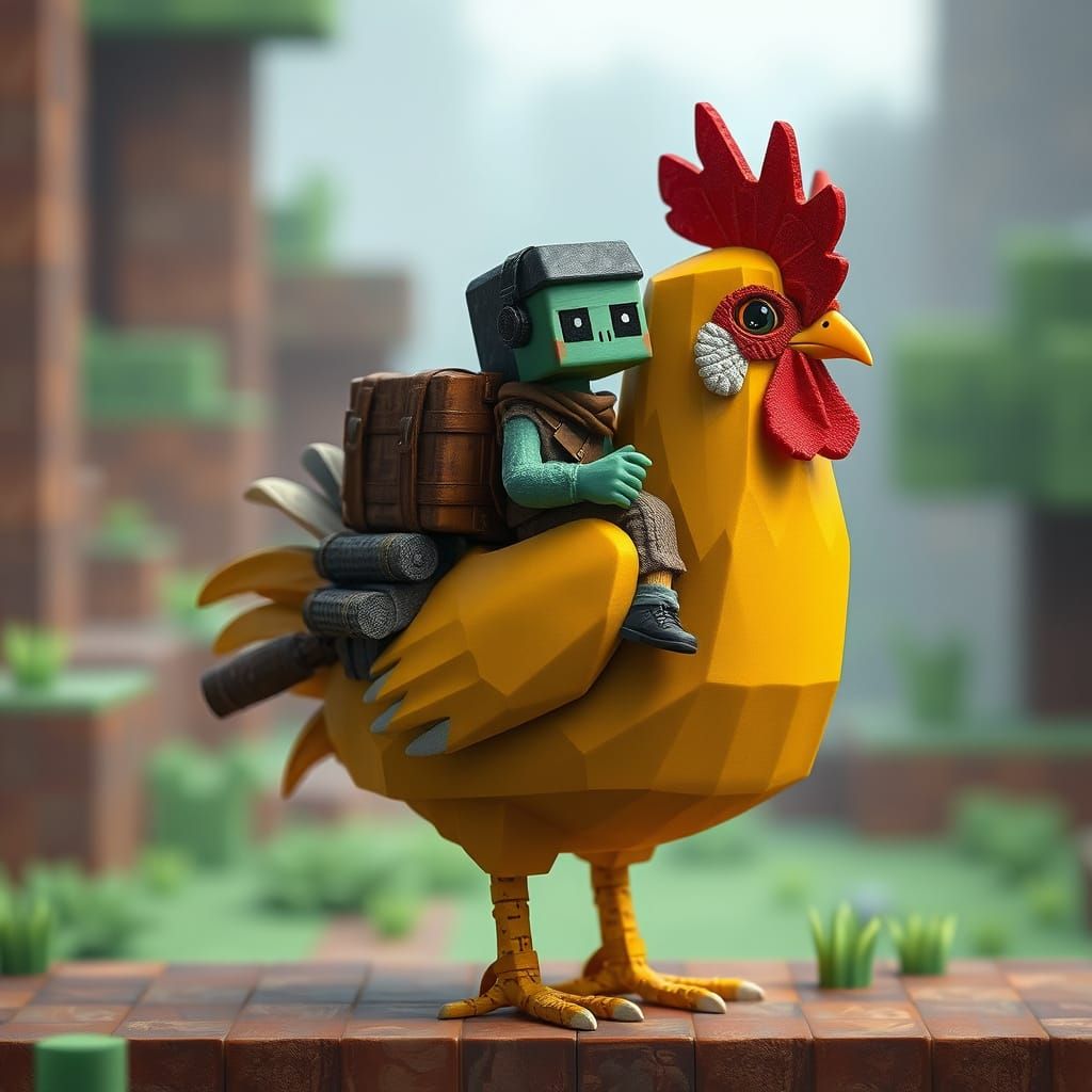Blocky Chicken with Zombie Rider in Pixelated Land... - AI Art