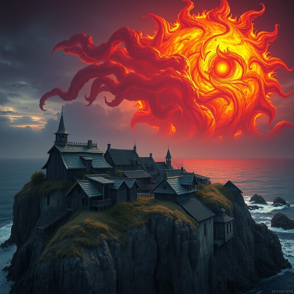 Twisted Sun Descends Upon Seaside Village in Dark ... - AI Art