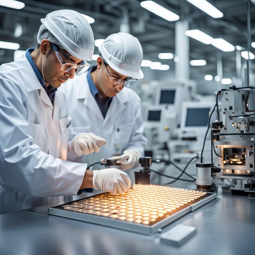 Engineer working in wafer fab, testing semiconductor chips, realistic ...