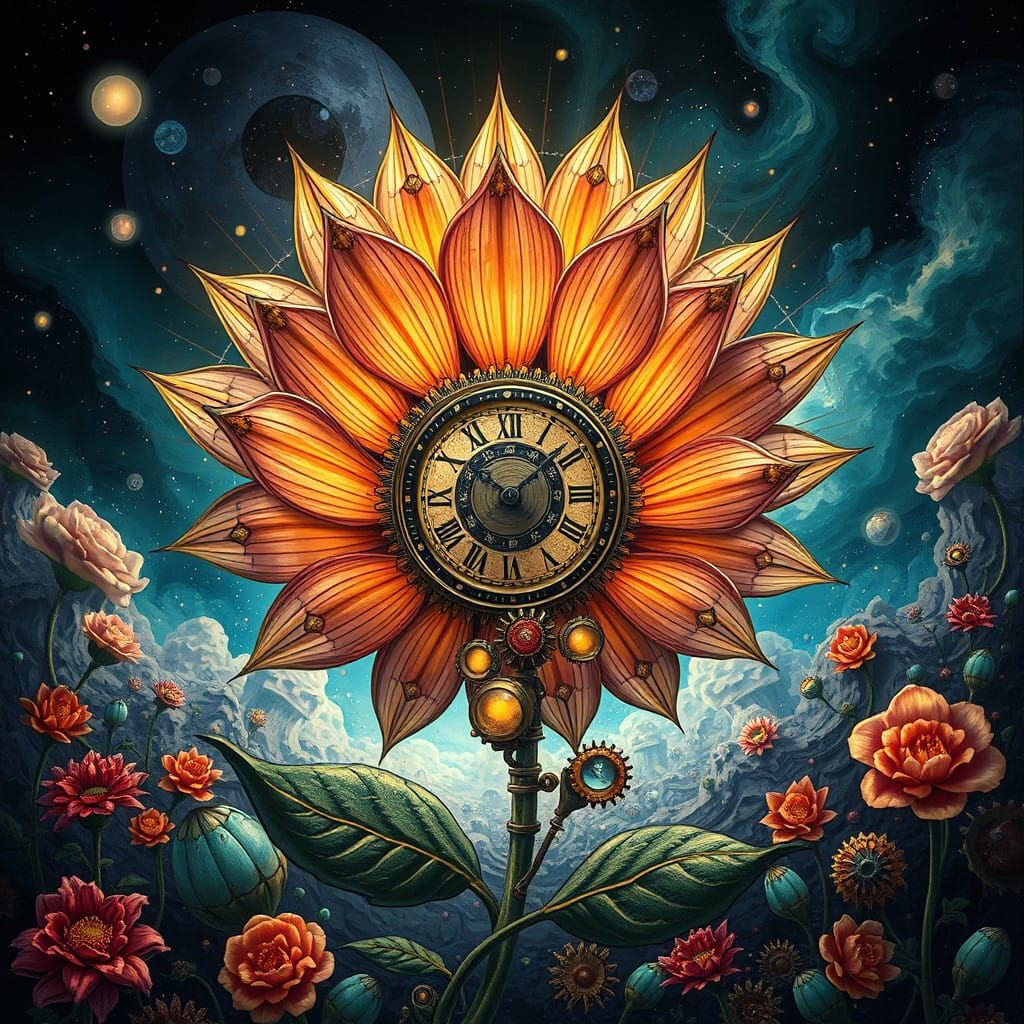 A clockwork flower unfurling its gears and petals Tim Burton Dan Mumford intricately detailed ...
