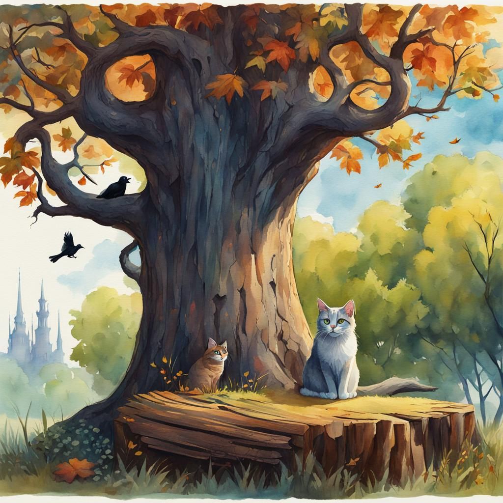 one cat near a tree trunk. her head towards a crow sitting on the tree ...