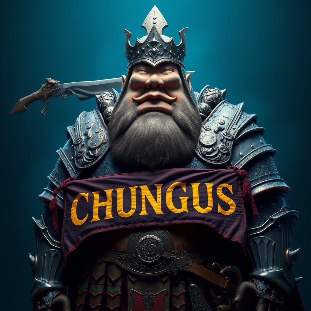 A huge obese man with an enlarged chin in full medieval knight armour ...