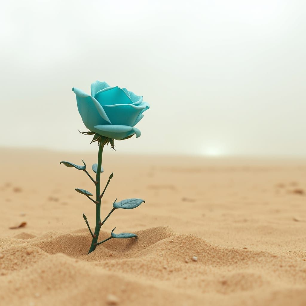 Resilient Cyan Rose Blooms Amidst Futuristic Sands... - AI Art
