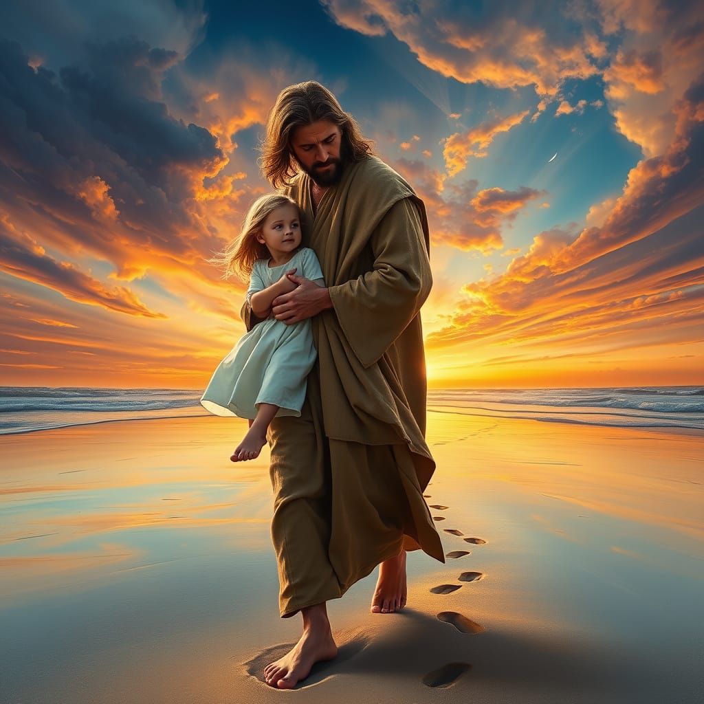 Jesus carrying a little girl on the beach. It shows his footprints in ...
