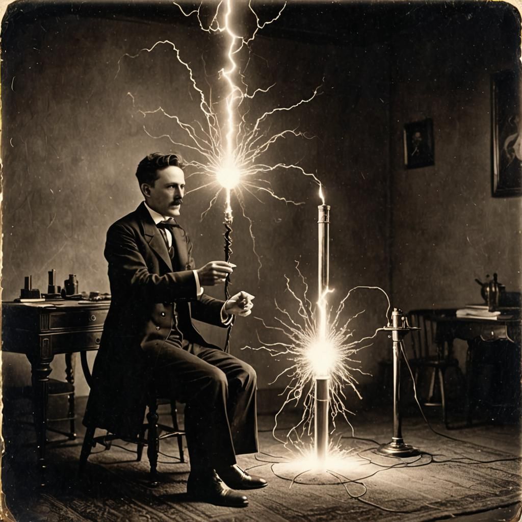 Vintage photo of Nikola Tesla experimenting with electricity - AI ...