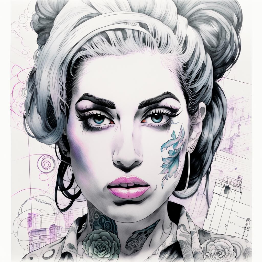 alternate face-tattooed Amy Winehouse, in vaporwave styled anime ...