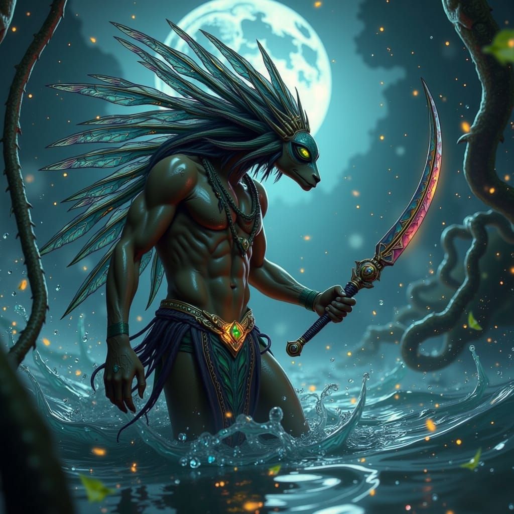 Ancient Aztec God Emerges from Moonlit Waves in Da... - AI Art
