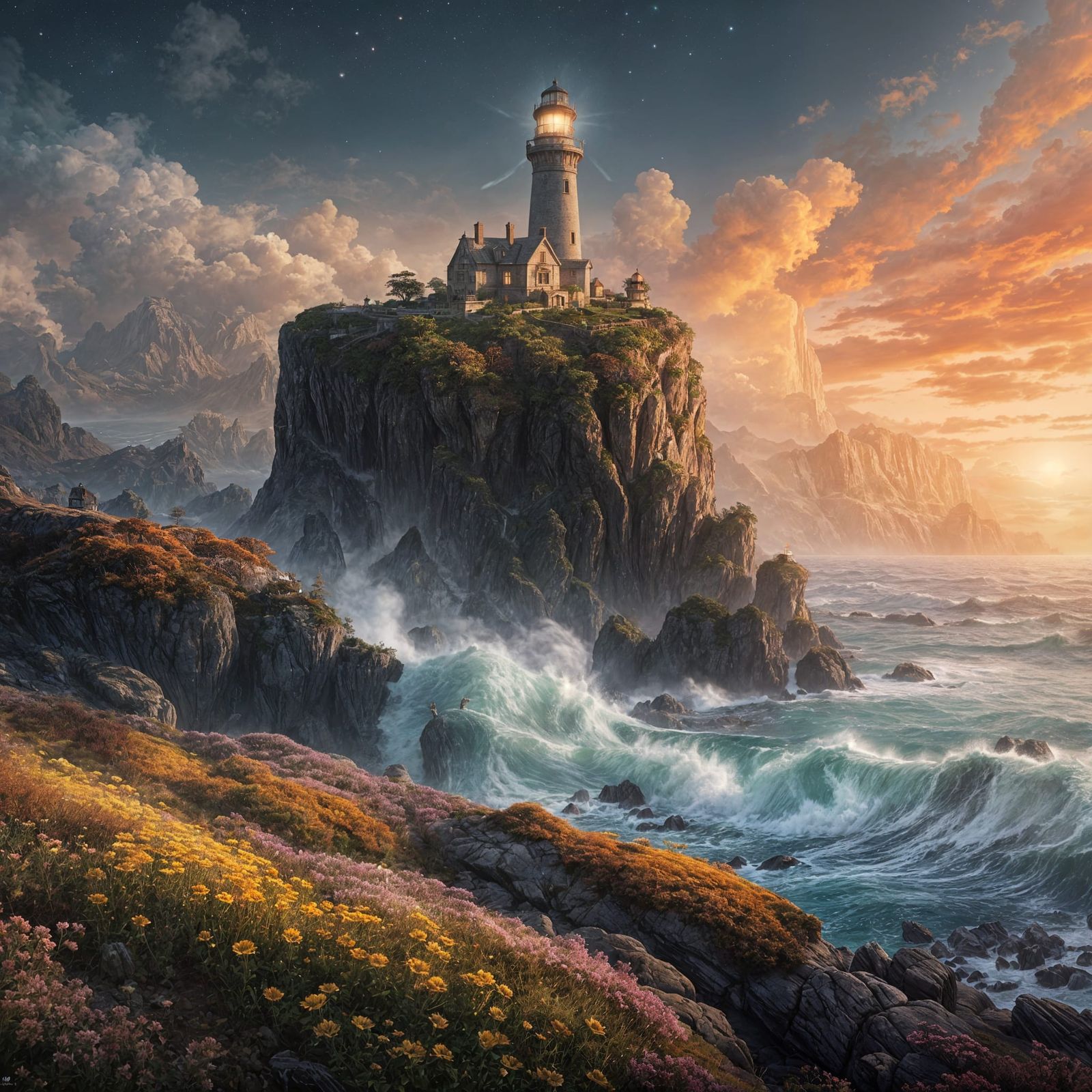 Lighthouse on a steep flowering cliff, gigantic ocean waves hit the ...