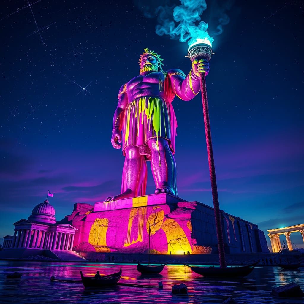 "A majestic colossal statue inspired by the Colossus of Rhodes ...