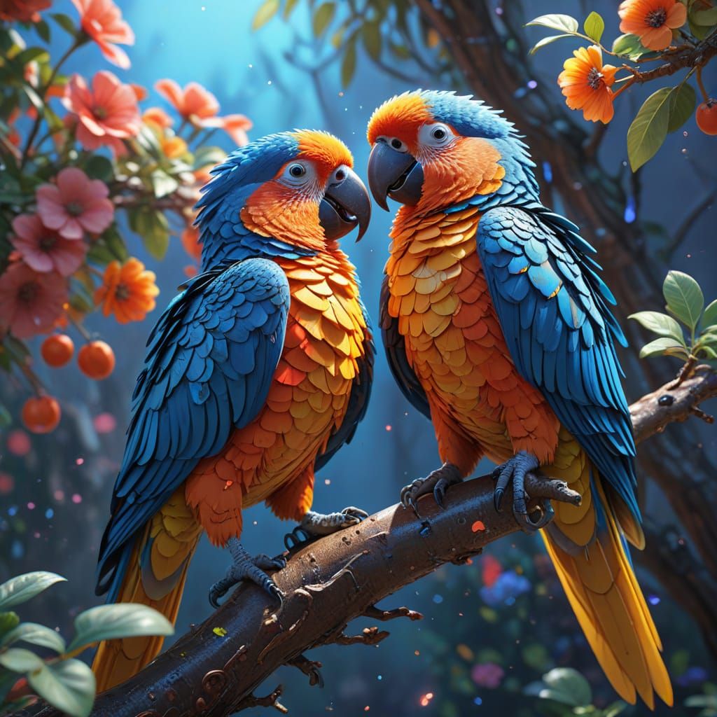 Vibrant Fruit Mosaic Parrots in Whimsical Anime Ar... - AI Art