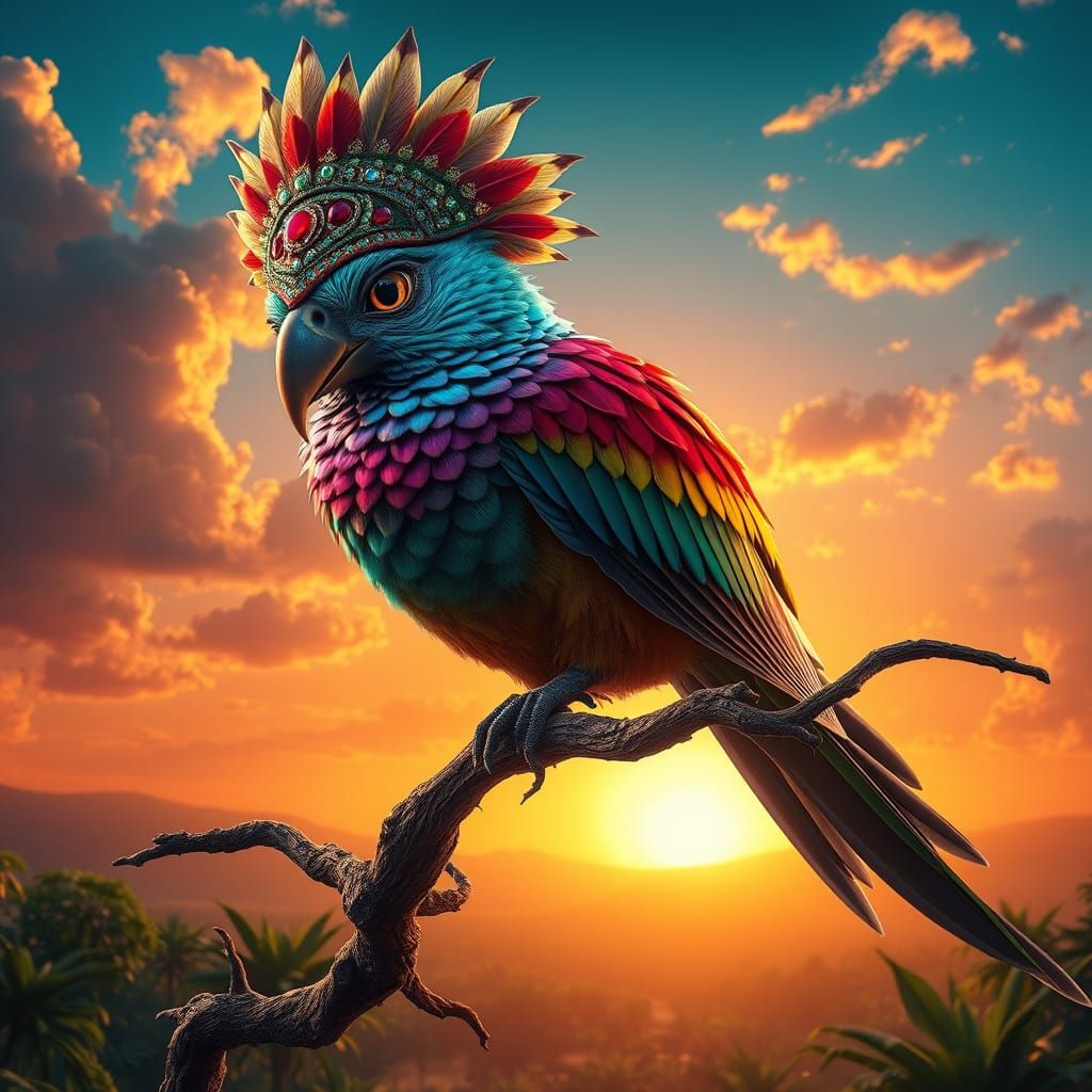 Vibrant Anthropomorphic Bird in Sunset Landscape, ... - AI Art