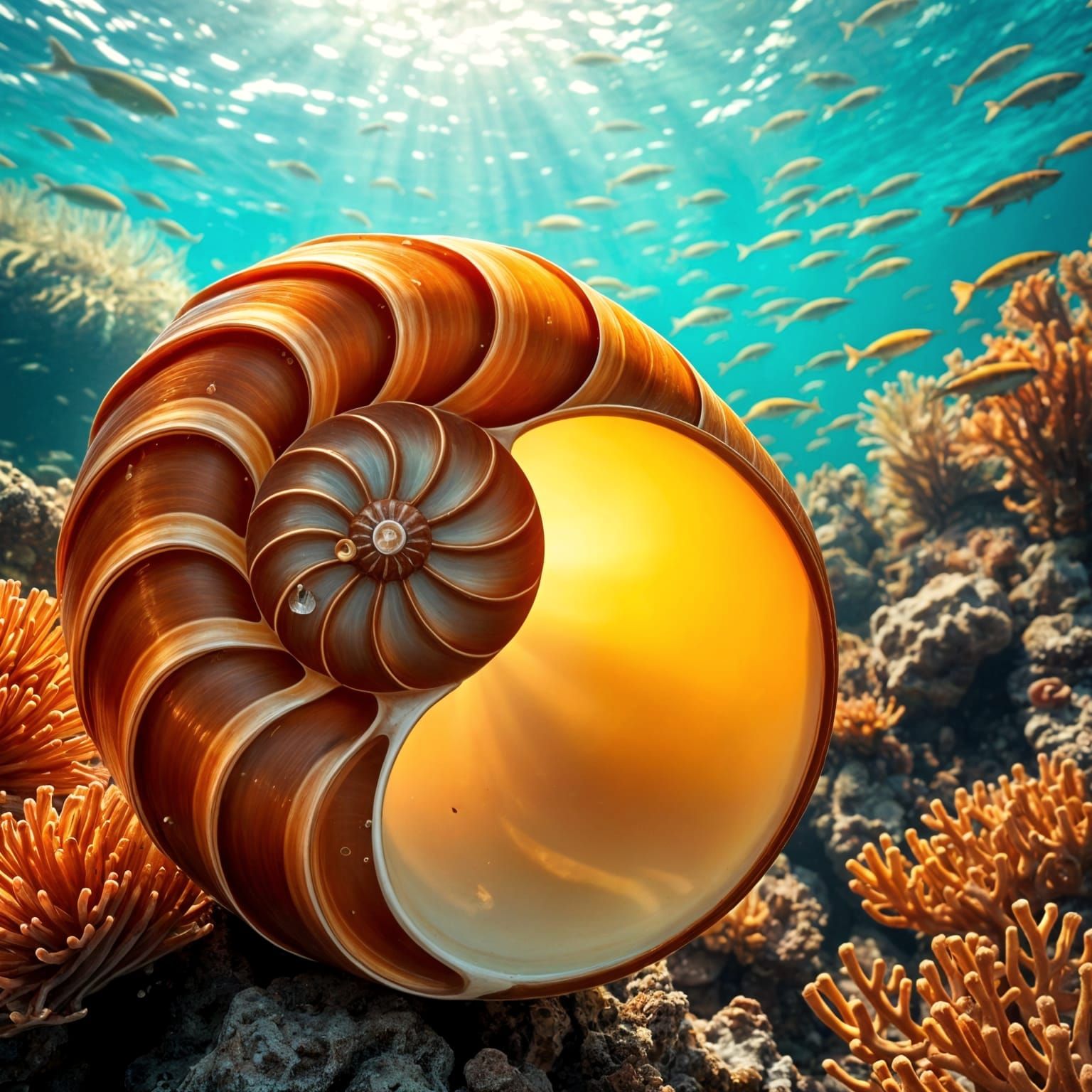 Nature Master Mathematician. Nautilus shell showcasing its spiral, Fibonacci sequence.