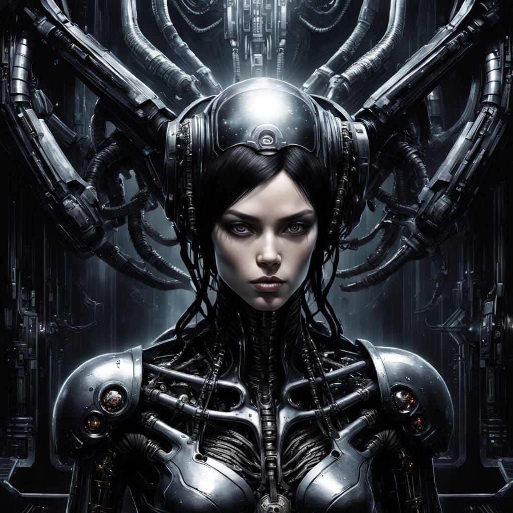 Cyborg Women in Dark Futuristic Cosmic Space Scene - AI Art