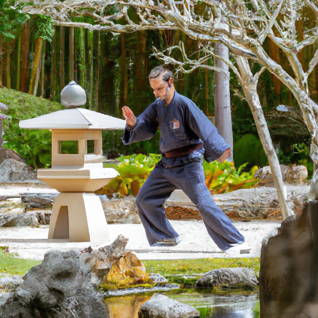 Tai chi practitioner surrounded by a beautiful Japanese Zen garden - AI ...