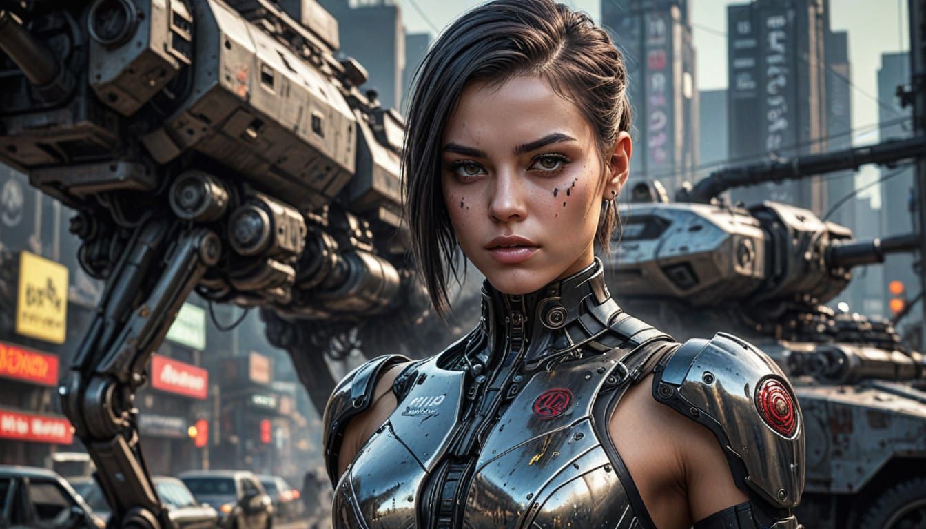 Cyberpunk Pin-Up Goddess with Gritty Cityscape - AI Art