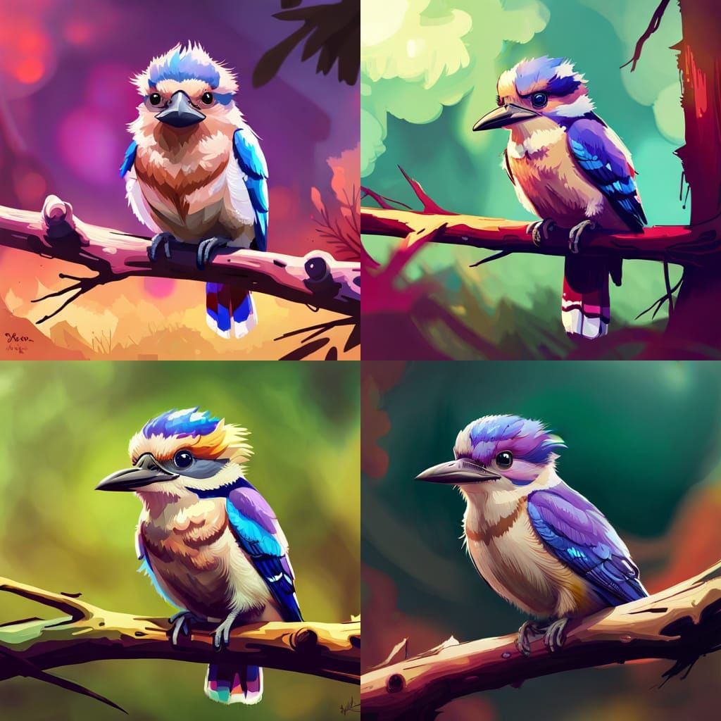 Portrait of purple round fluffy cute baby kookaburra sitting on a ...