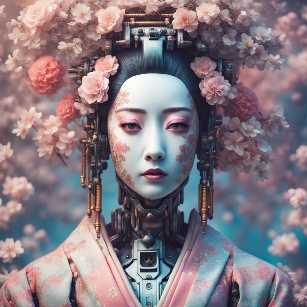 Miyazaki art style robot geisha android wearing pastels with flowers ...