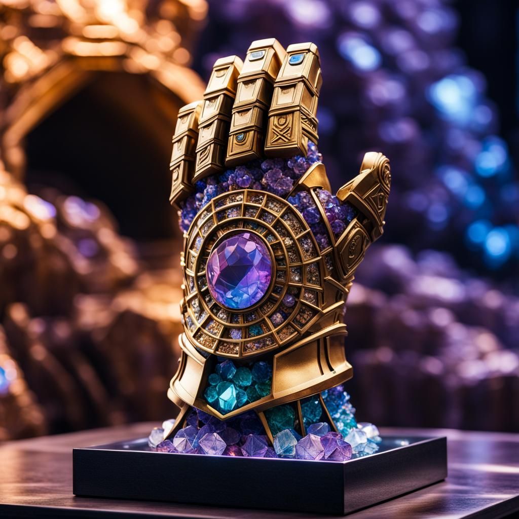 Thanos infinity gauntlet made of crystals on pedestal, crystal cave ...