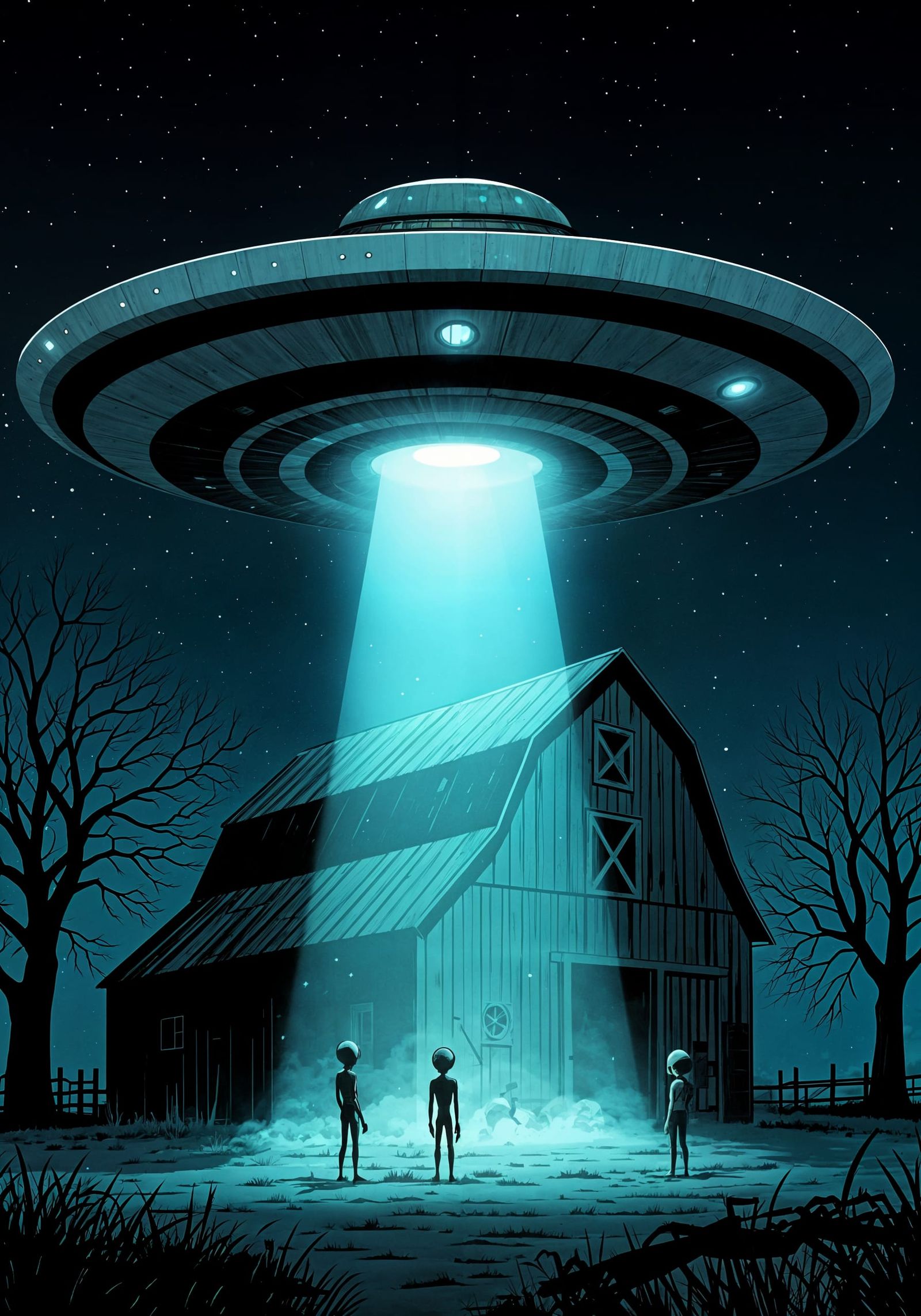 Abduction - Alien Abduction in American Barns Under Stars