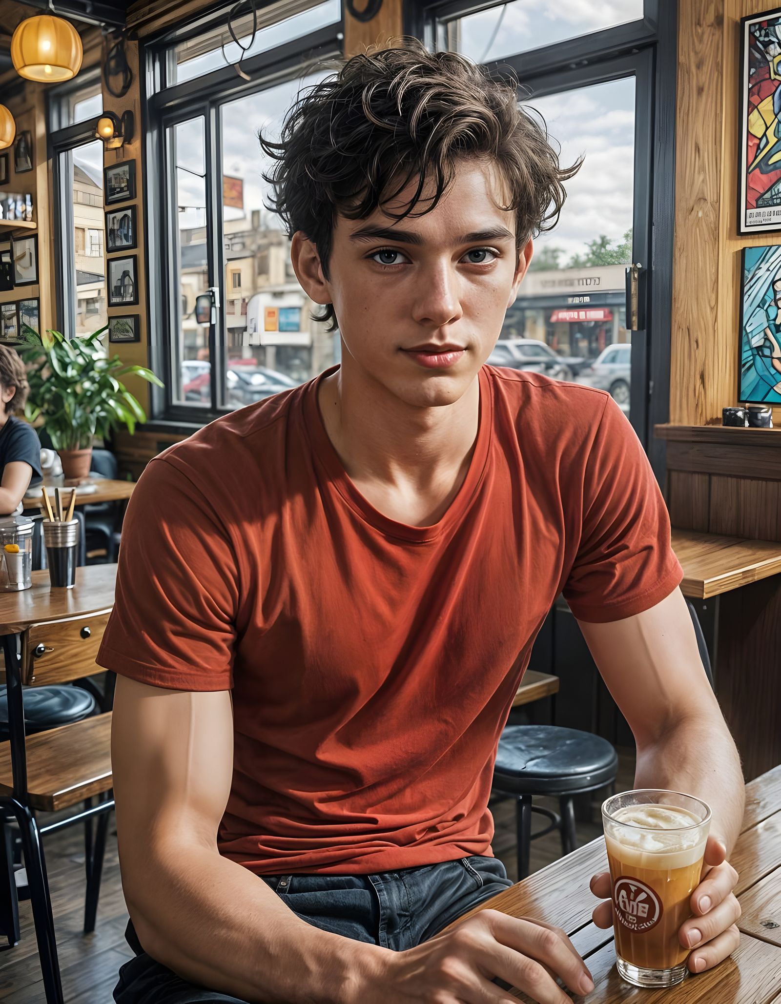 Sean - Mischievous Teen Boy Sits in a Cafe with a Scrawny Fi...