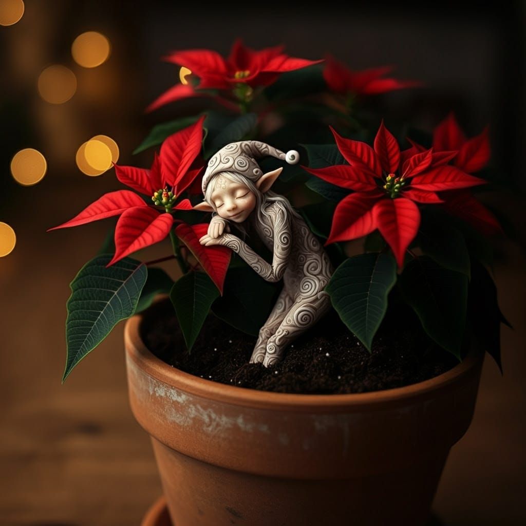 Finella napping in the poinsettia - A Miniature Polymer Cla...