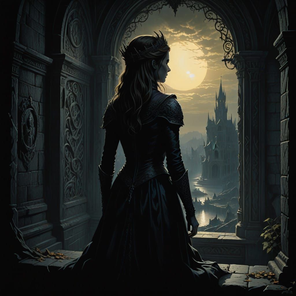 Ethereal Shadow Queen Contemplates a Sunlit Realm - AI Art