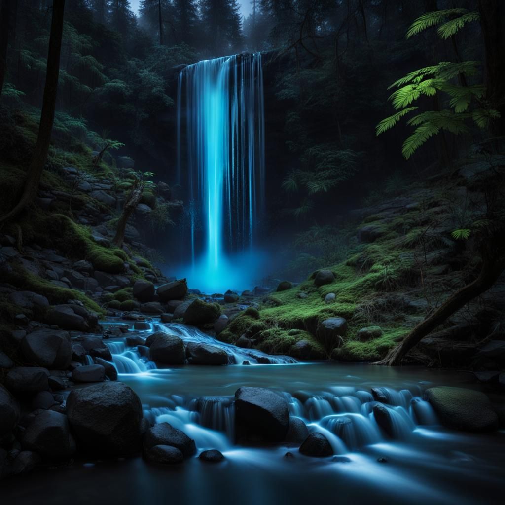 bioluminescent waterfall in a dark forest, glowing water, glowing flora ...