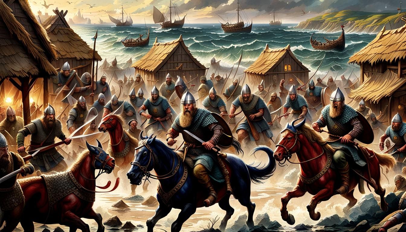 12th century vikings raiding a coastal village, riding dinosaurs - AI ...
