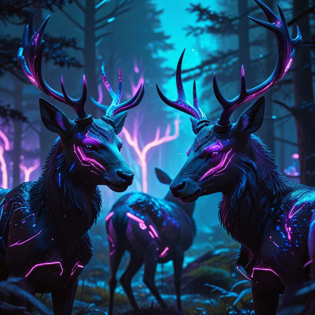 Cyberpunk Deer Guardians Holding Earth in Forest - AI Art