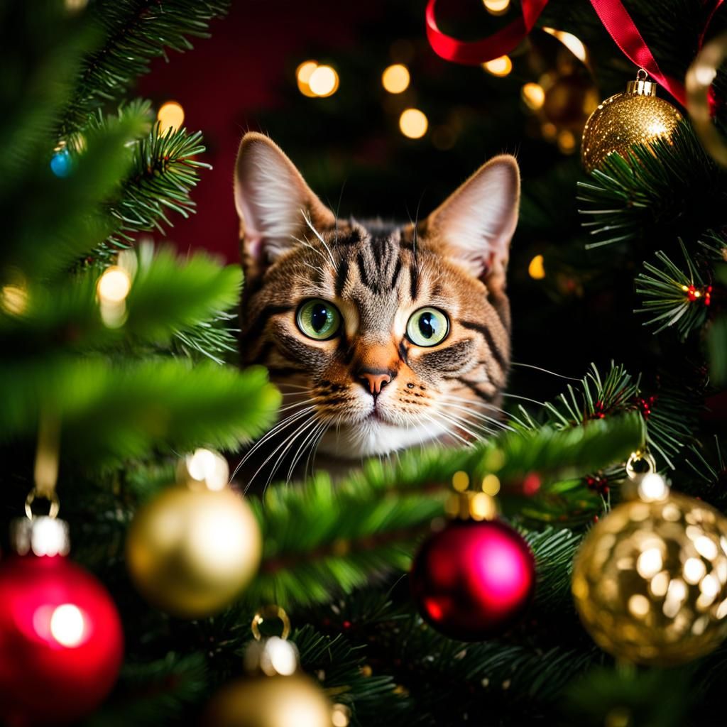 Cat peeking out of a christmas tree - AI Generated Artwork - NightCafe ...