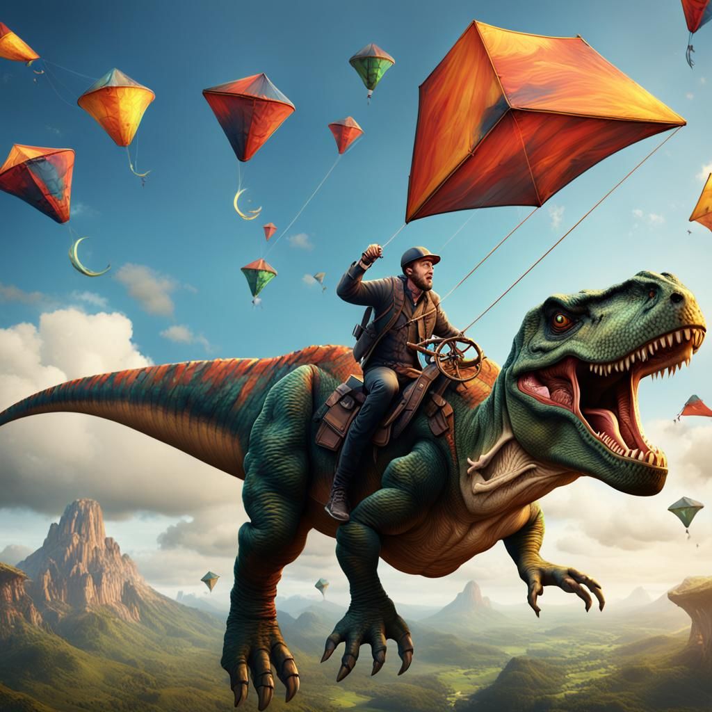 a man riding a t-rex, flying a kite - AI Generated Artwork - NightCafe ...