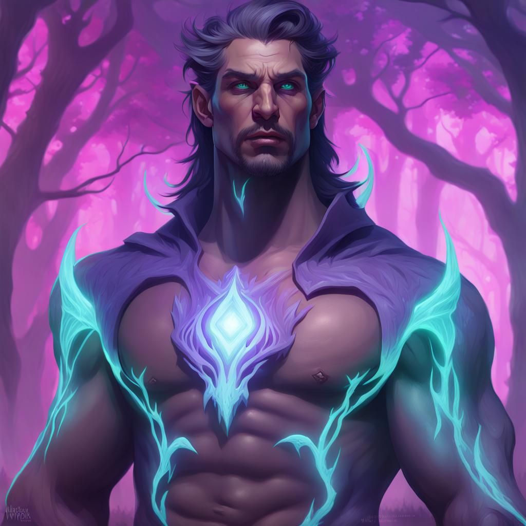 "male warlock, handsome, thick, muscular, abs, dark purple mist ...