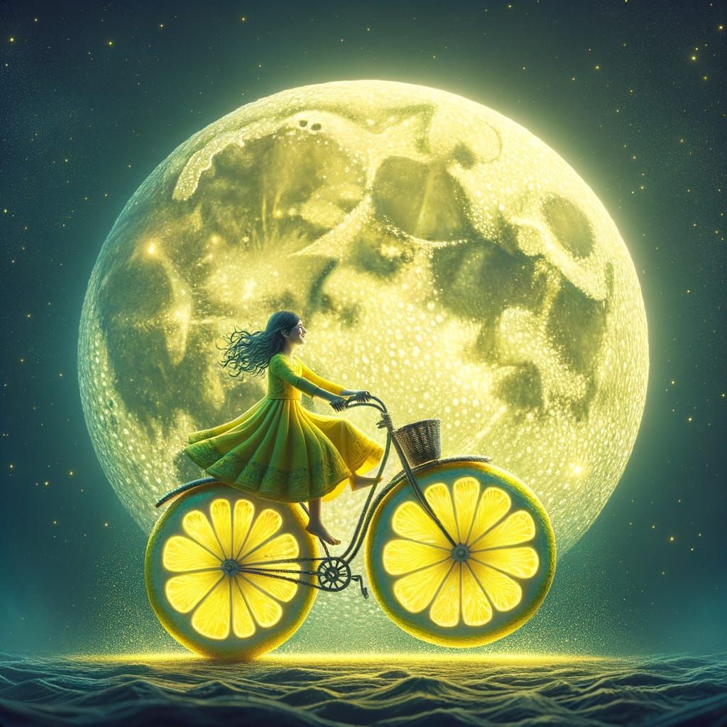 Lemon girl riding a lemon bike on a lemon moon - AI Generated Artwork - NightCafe Creator