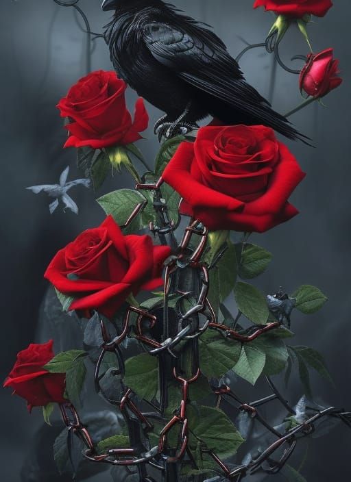 A dark and gothic digital painting of a black rose flower with thorns ...