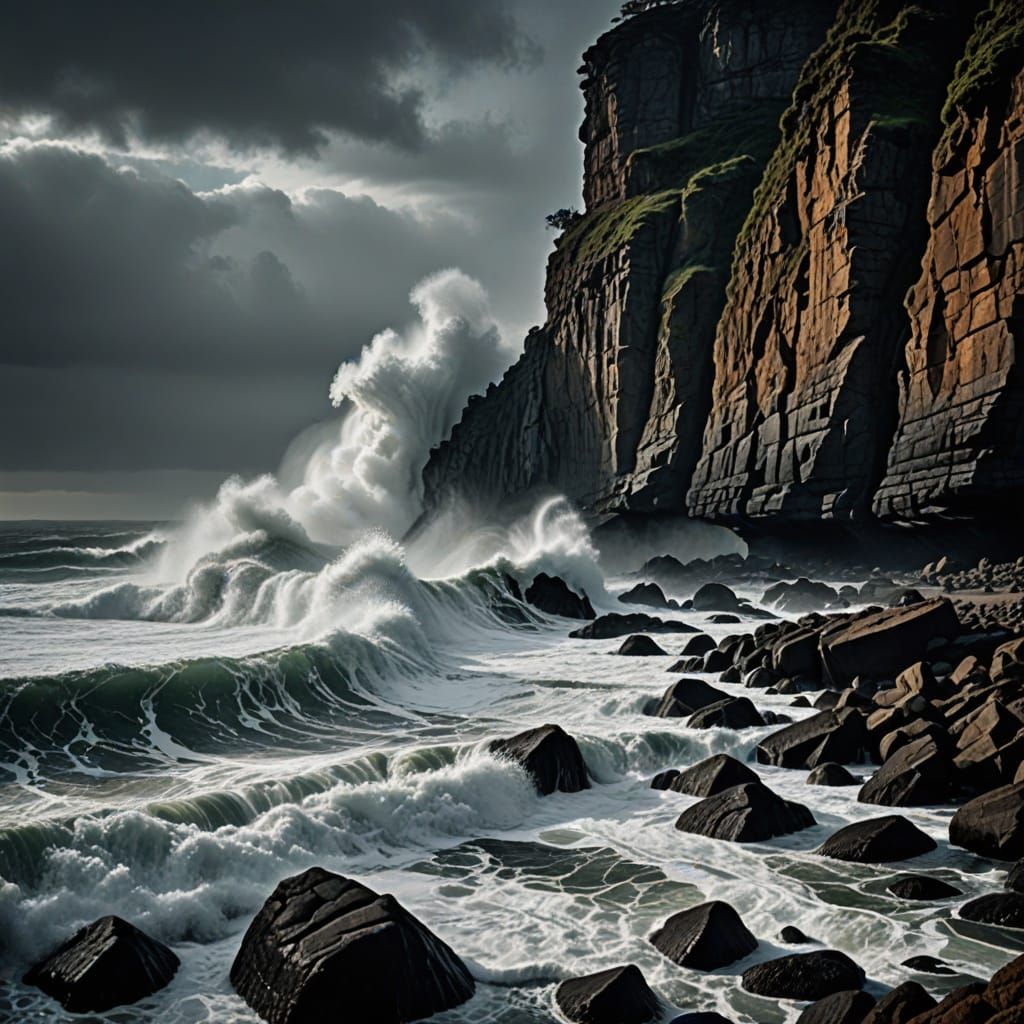 Dynamic cut – waves crash against the cliff wall