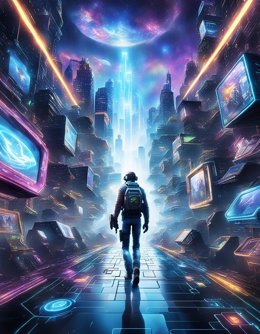 Metaverse singularity. Human user entering a wonderful high tech digitally world, Inspired by ...